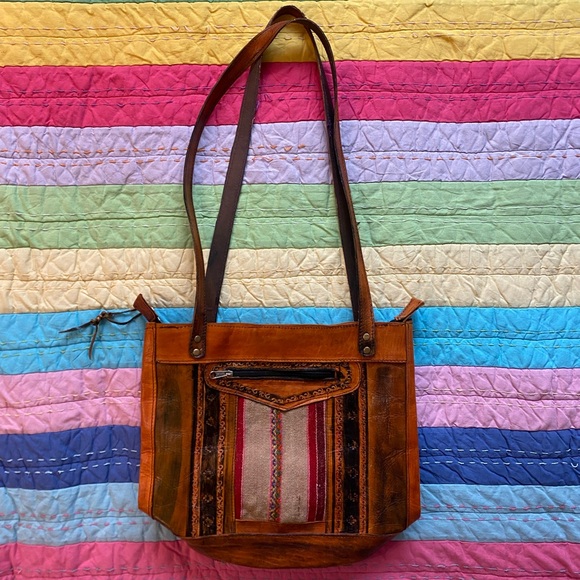 Bags | Multicolor Peruvian Leather Tote Bag With Textile Fabric Patch ...